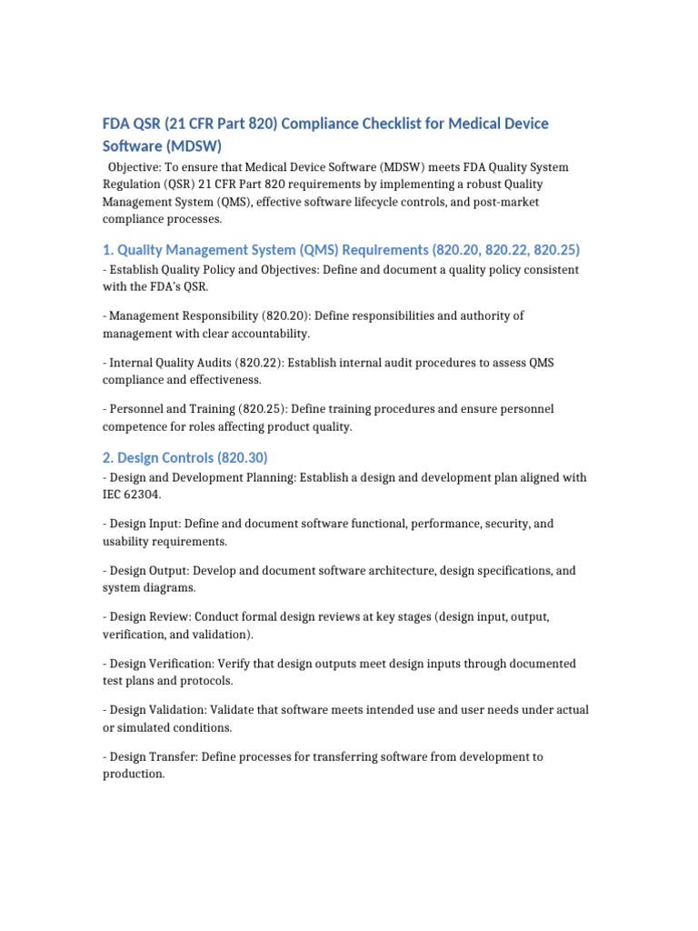 FDA QSR Compliance Checklist for MDSW | PDF | Verification And ...
