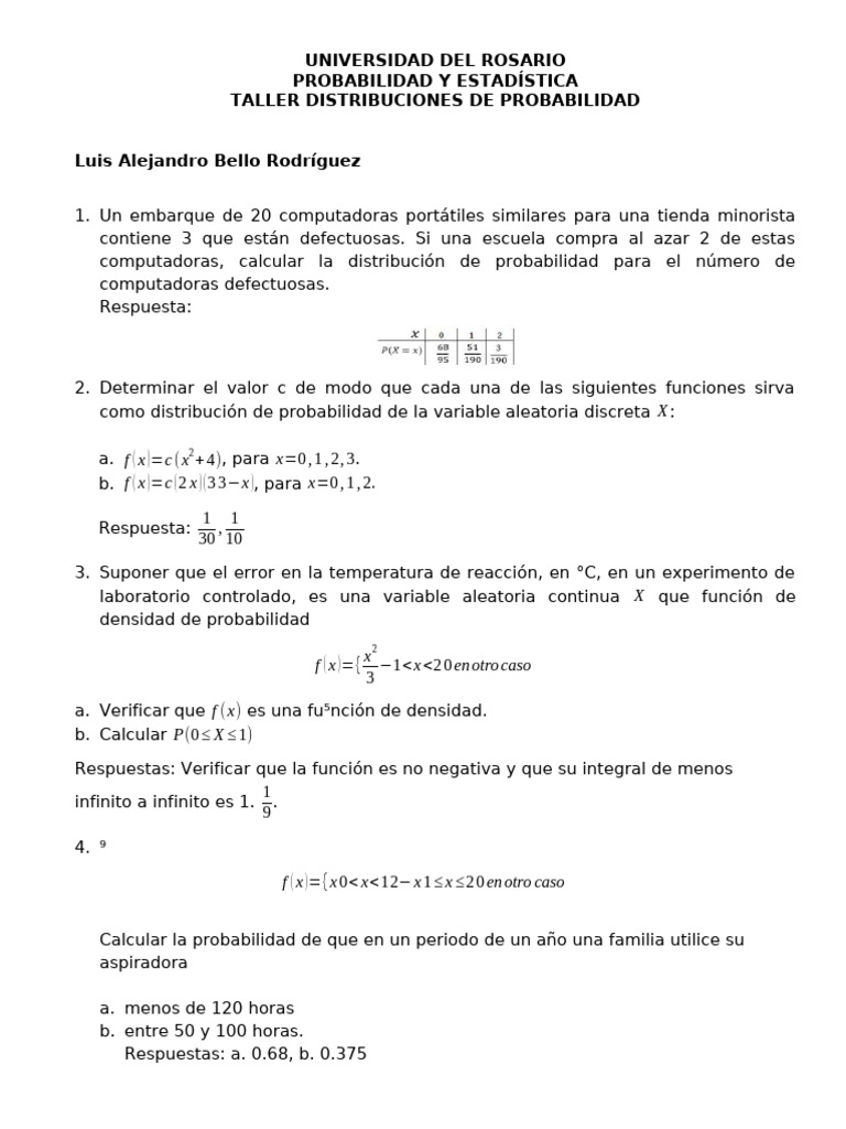 Taller de Distribuciones de Probabilidad Discreta y Continua | PDF | Probabilidad | Variable ...