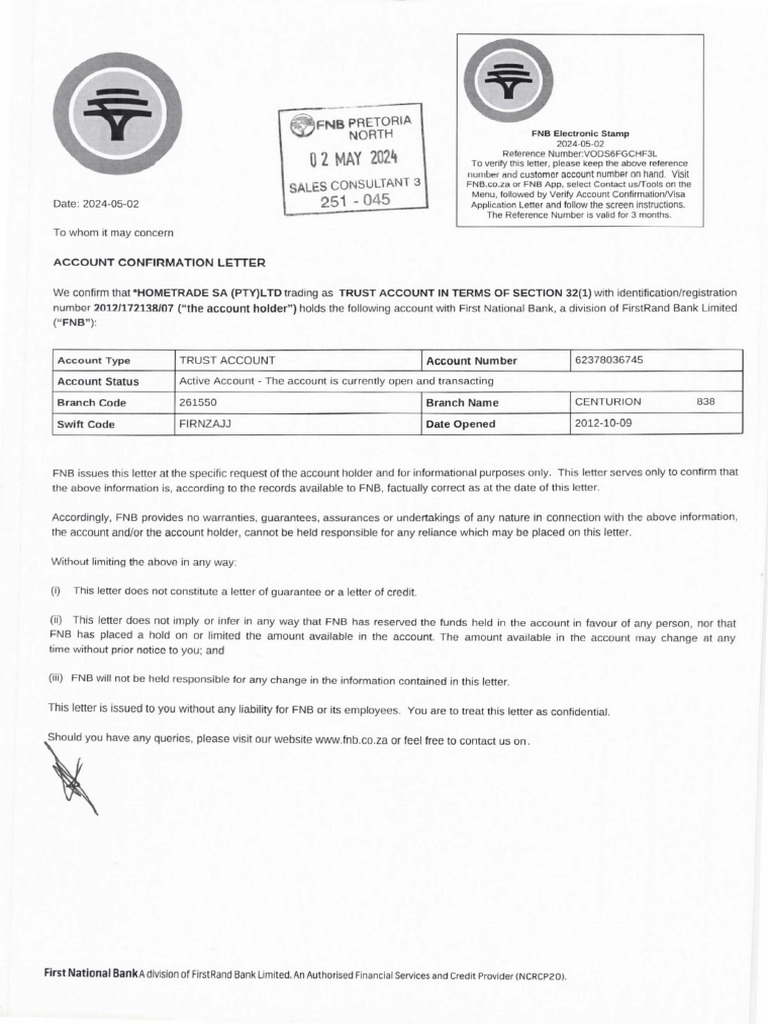 FNB-Trust Account Confirmation - 2 May 2024 | PDF