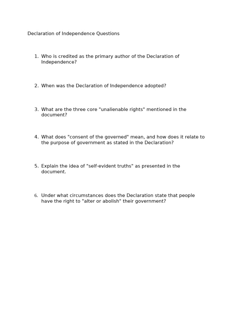 Declaration of Independence Questions | PDF