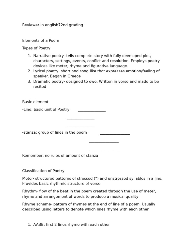 Reviewer in english7 2nd gradingSEAN | PDF | Poetry | Metre (Poetry)