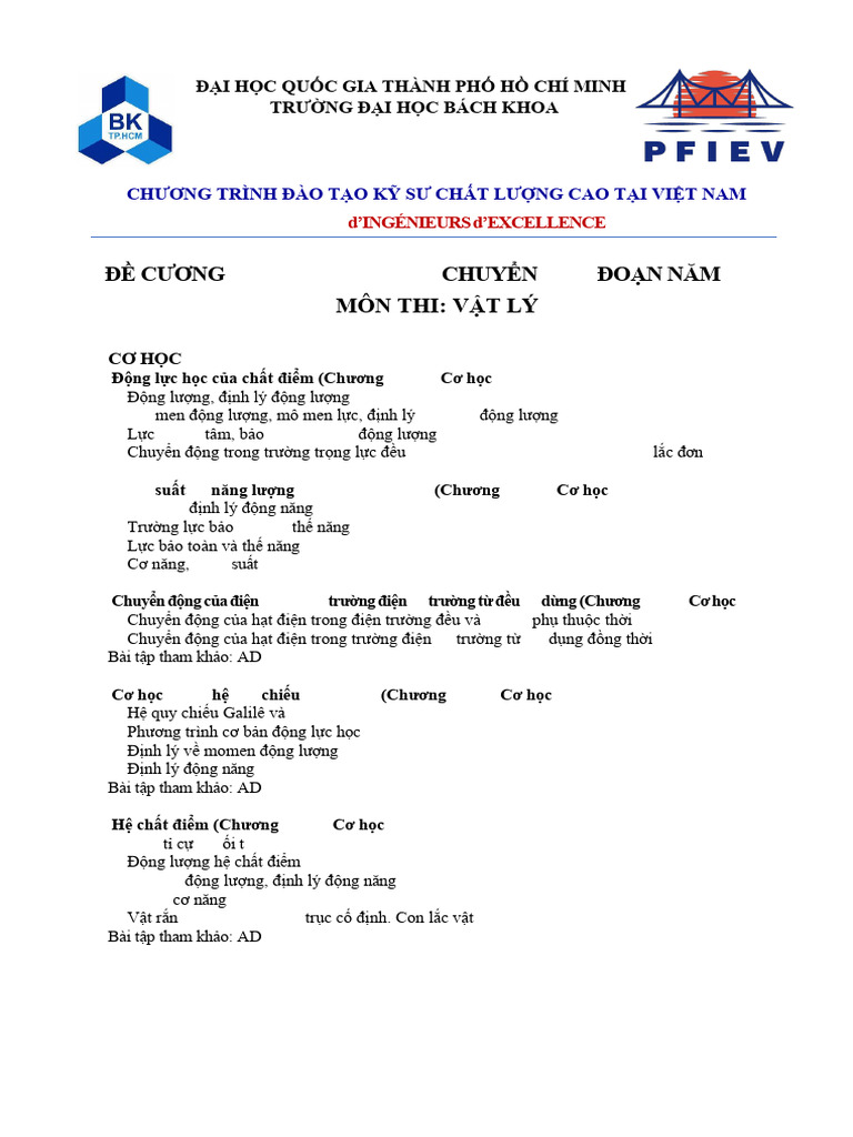 ĐỀ CƯƠNG THI PHÂN NGÀNH PFIEV 2025 -Vat Ly | PDF