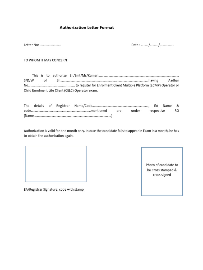 Aadhar Authorization Letter Format | PDF