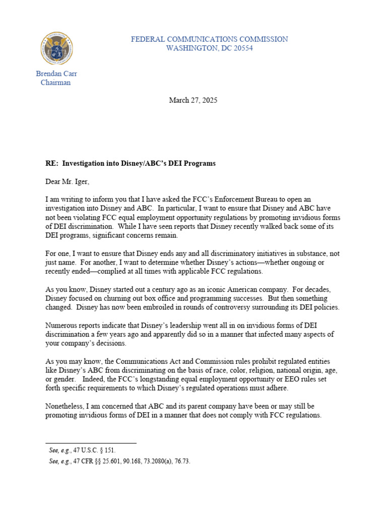 Carr Letter To Disney DEI 03272025 | PDF | Federal Communications ...