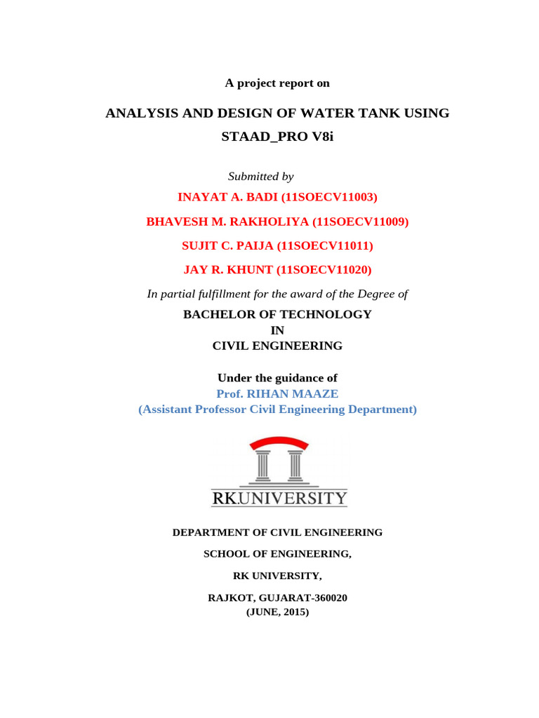 Analysis and Design of Water Tank Using Staad Pro V8i Submitted by ...