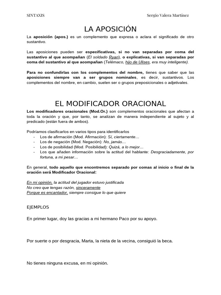 Aposiciones y Modificadores Oracionales | PDF