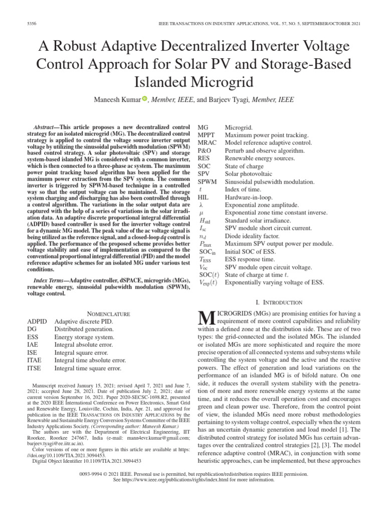 A Robust Adaptive Decentralized Inverter Voltage Control Approach For Solar PV and Storage-Based ...