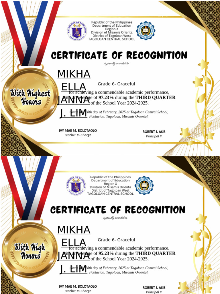 3rd Quarter Certificate For Reading of Honors | PDF