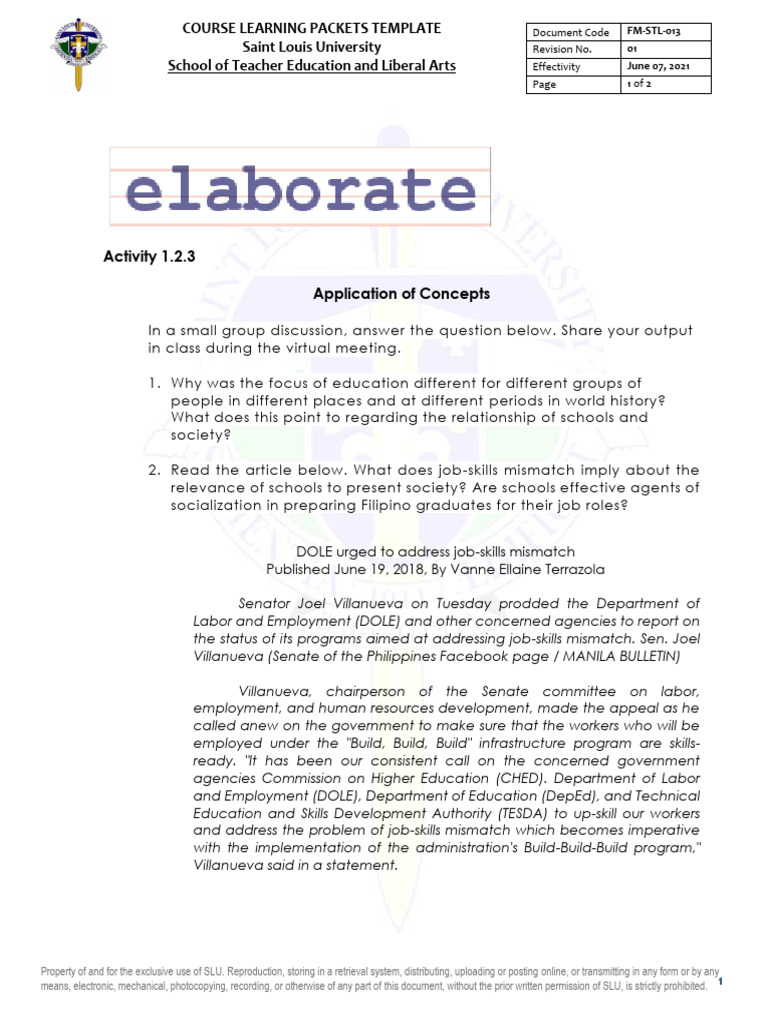 Elaborate - EDUC 323 M1 Unit 2 Activity 1.2.3 | PDF
