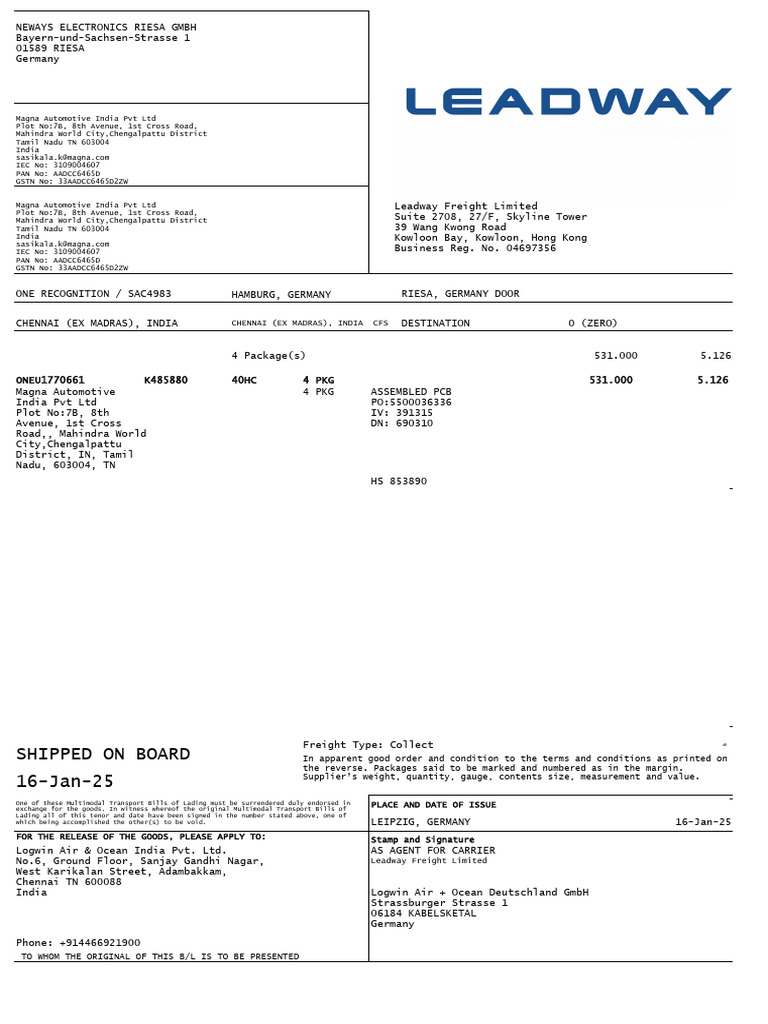 Leadway Bill of Lading - LEJ240000912 | PDF | Cargo | Bill Of Lading