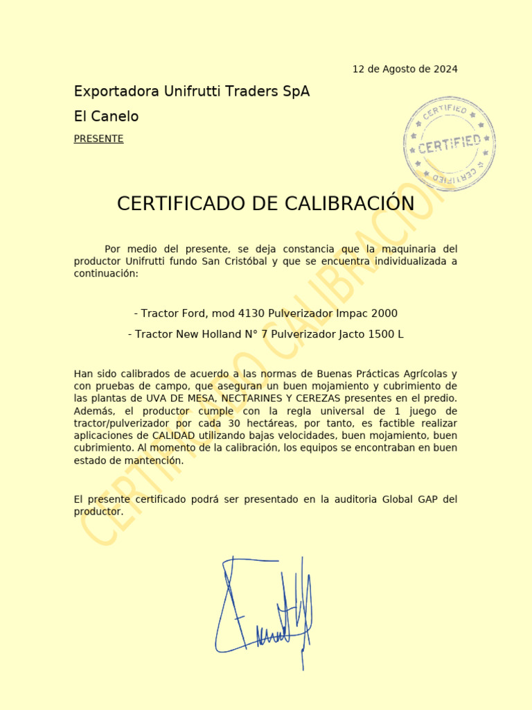 Certificado Calibración-El Canelo | PDF
