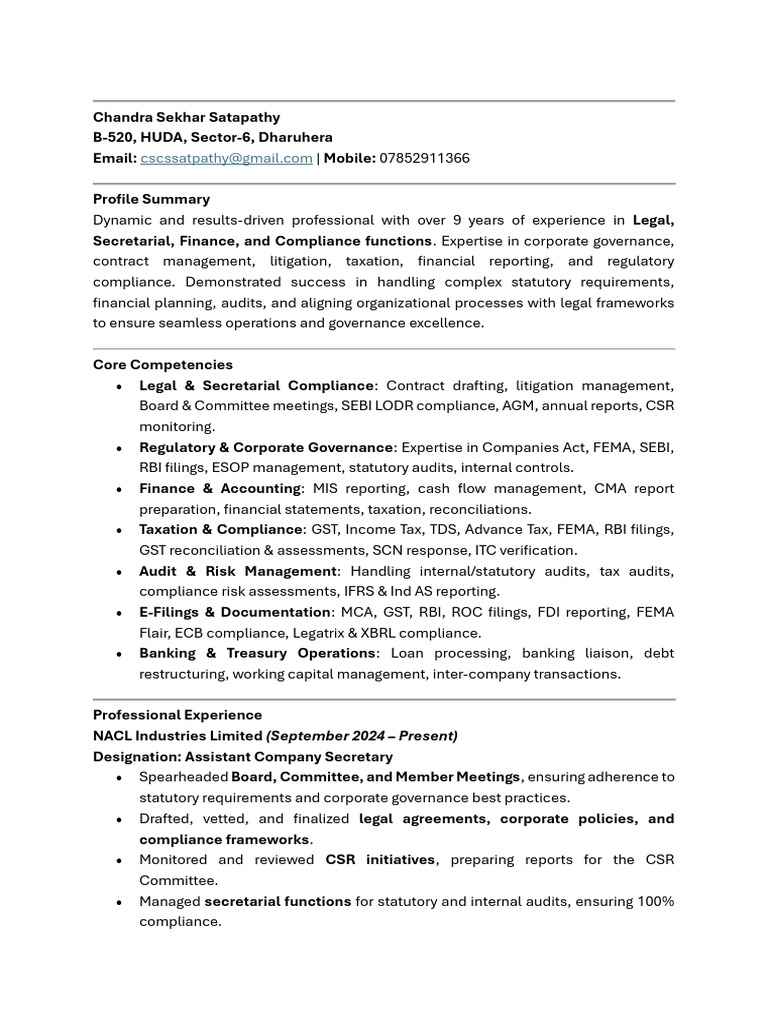 Chandra Sekhar Satapathy - CV | PDF | Regulatory Compliance | Audit