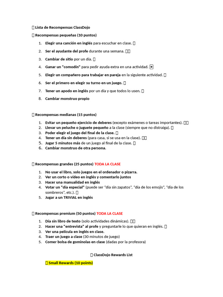 Recompensas ClassDojo para Primaria | PDF