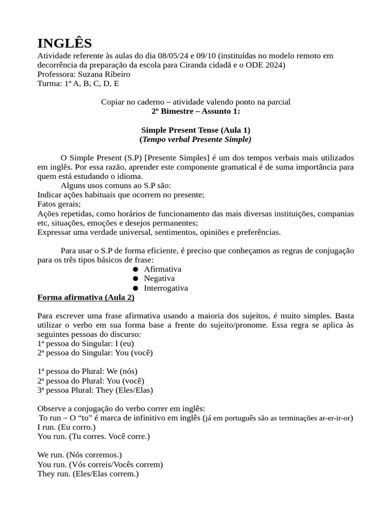 Simple Present 2024 - 1º ano | PDF | Famílias linguísticas | Linguística
