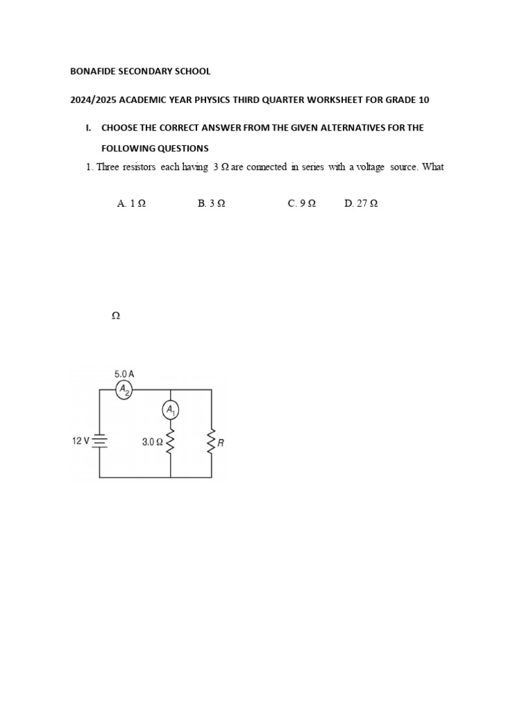Grade 10 Physics Worksheet: Quarter 3 | PDF | Series And Parallel ...