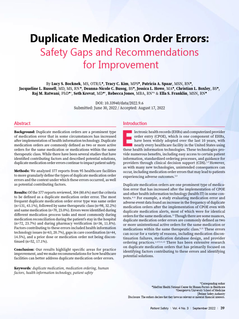 Duplicate Medication Order Errors Safety Gaps and Recommendations For Improvement | PDF ...