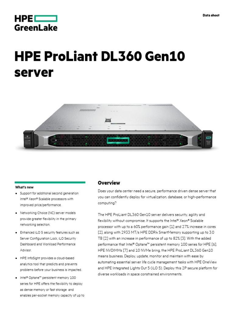 HPE ProLiant DL360 Gen10 Server Data Sheet-PSN1010007891USEN | PDF | Computer Security | Security
