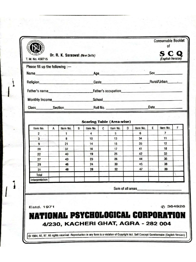 Self Concept Questionnaire | PDF