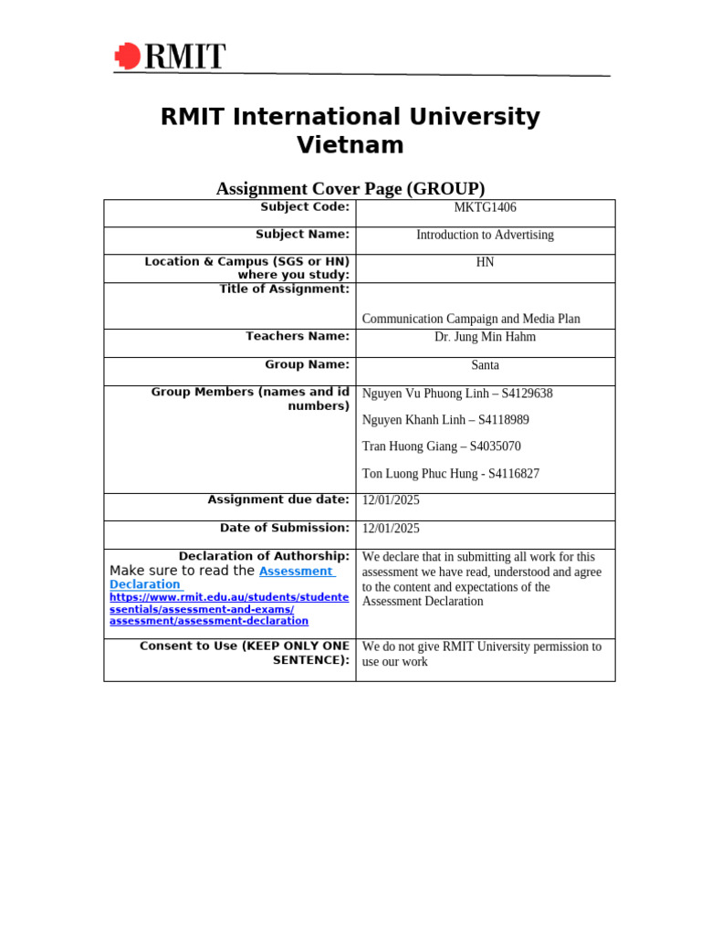 RMIT Assignment Cover Page: MKTG1406 | PDF