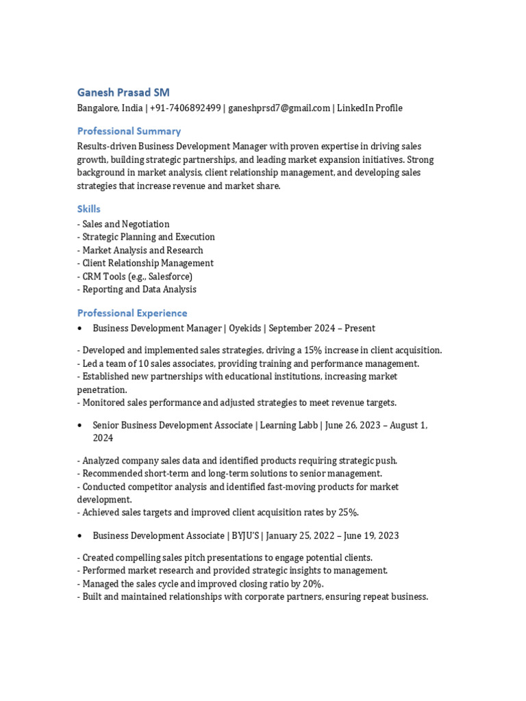 BDM Resume Ganesh Prasad Final Updated (1) - 1 | PDF | Business Development | Business