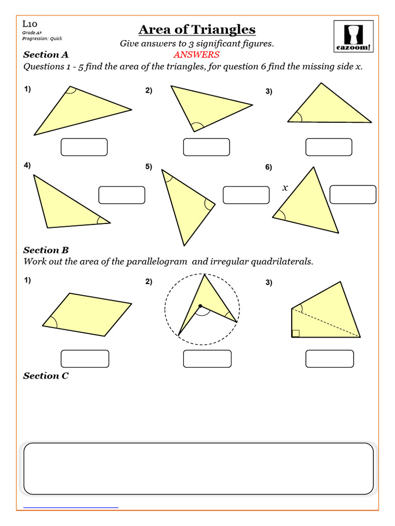 Geometry. Level 10. Trigonometry. Area of Triangles. ANSWERS | PDF ...