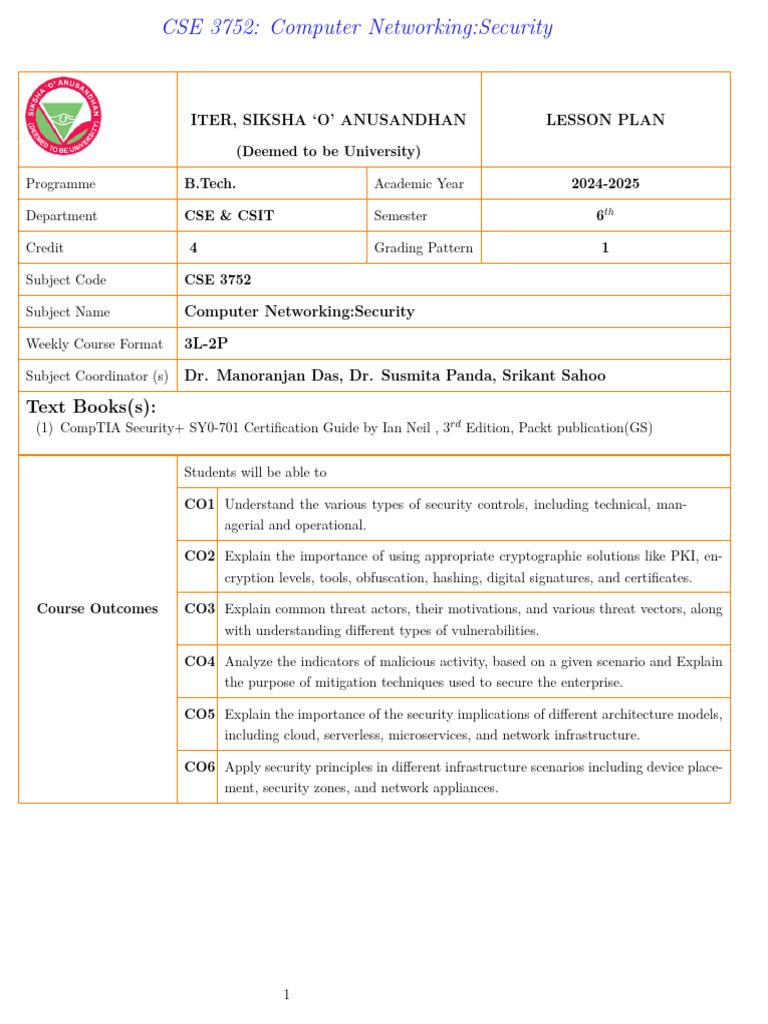 Tentative Lesson Plan CNS | PDF | Encryption | Public Key Cryptography