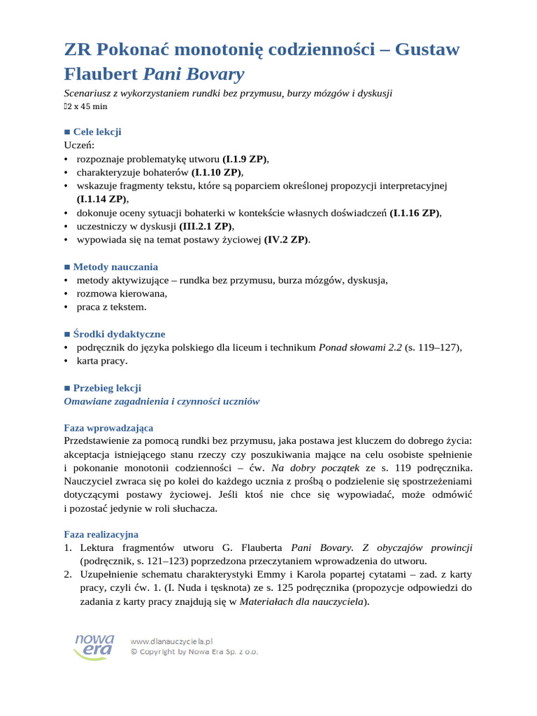 Scenariusz Lekcji Pokonac Monotonie Codziennosci Gustaw Flaubert Pani Bovary | PDF