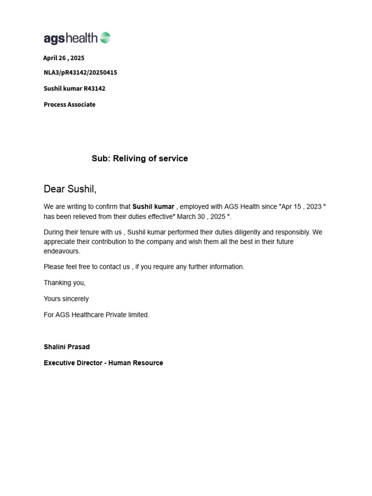 Reliving Letter Sushil AGS Health | PDF