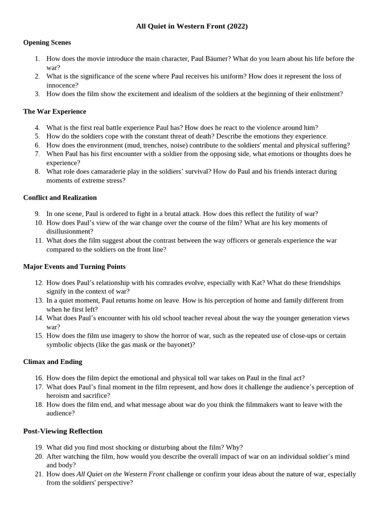 All Quiet Western Front - Quizz | PDF | Psychological Trauma | Fear