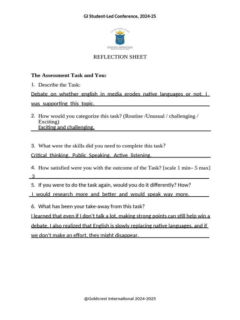 Reflection Sheet | PDF