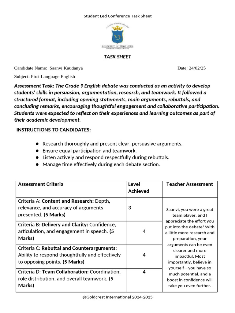 Grade 9 FLE SLC Task Sheet | PDF | Learning | Human Communication