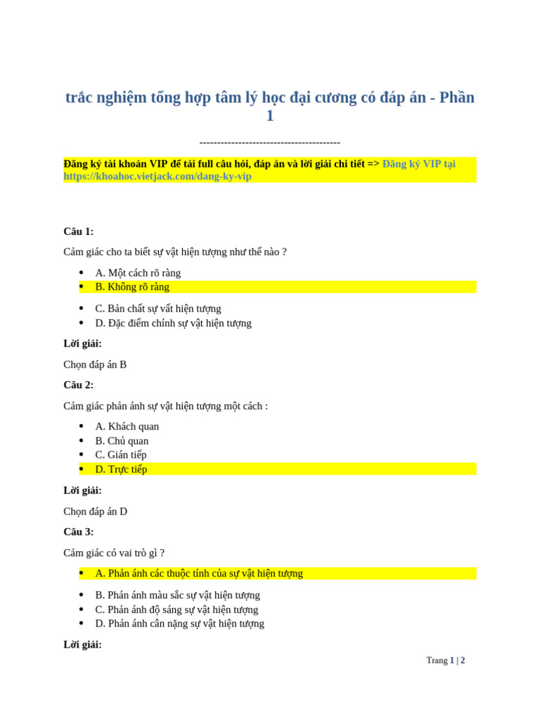 778 Cau Trac Nghiem Tong Hop Tam Ly Hoc Dai Cuong Co Dap an Phan 1 2025-03-31 | PDF