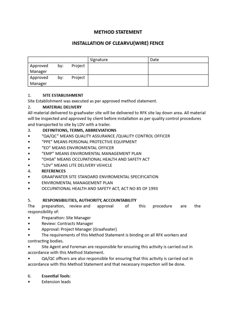 Graafwater Fencing Method Statement | PDF | Personal Protective Equipment | Quality Assurance