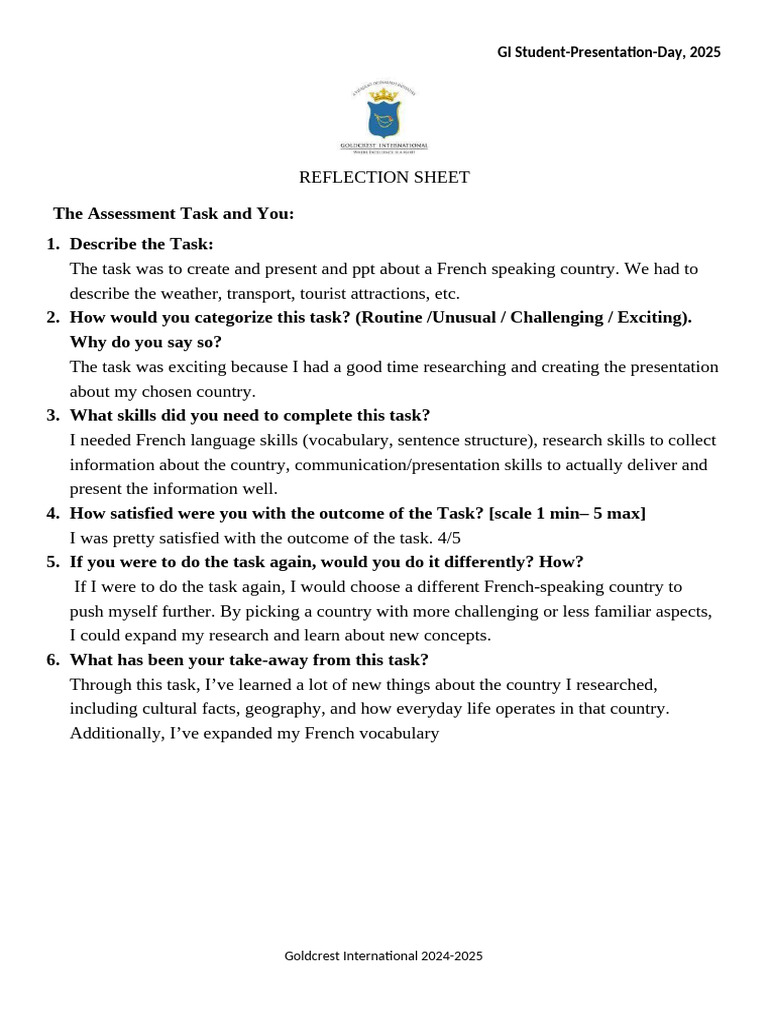 French Country Presentation Reflection | PDF