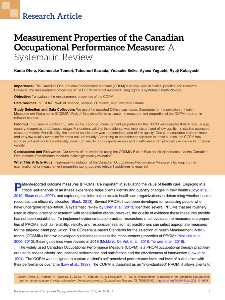 Measurement Properties of The Canadian Occupational Performance Measure ...
