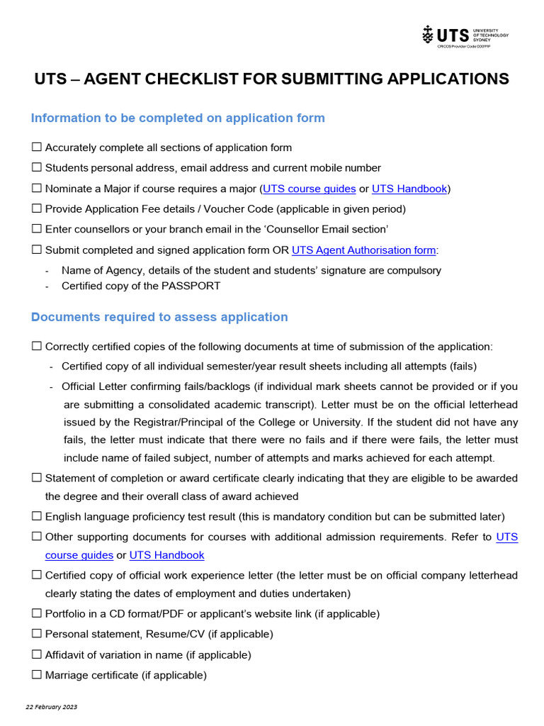 1720762254517-UTS - Application Submission Checklist | PDF