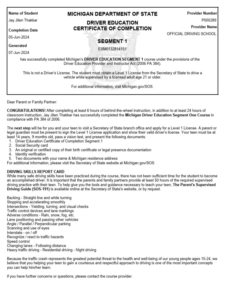 Michigan Department of State Driver Education Certificate of Completion ...