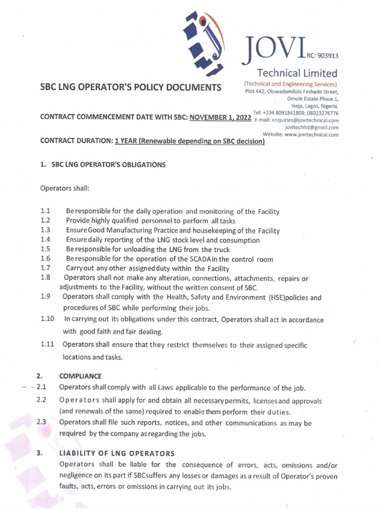 SBC LNG SBC Operators Policy | PDF