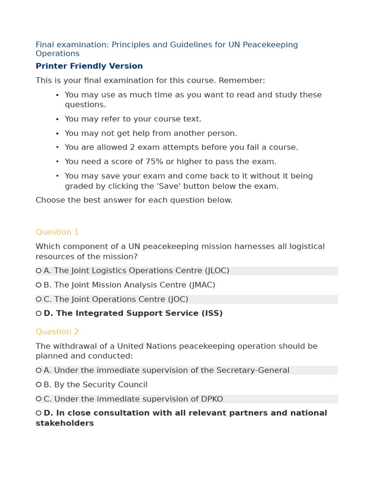 UN Peacekeeping Exam: Principles & Guidelines | PDF | Peacekeeping ...