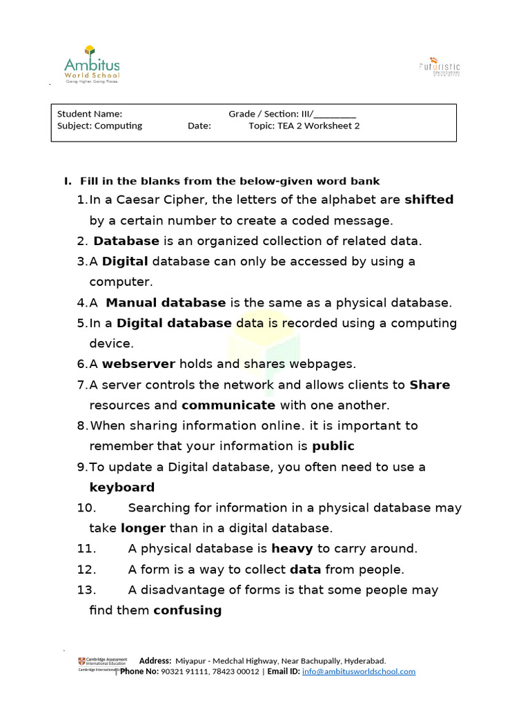 Gr3tea2revisionworksheet3 Key | PDF | Databases | Internet