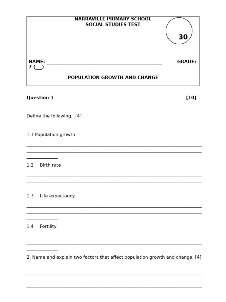 Grade 7 Social Studies Test Exam | PDF | Birth Rate | World Population