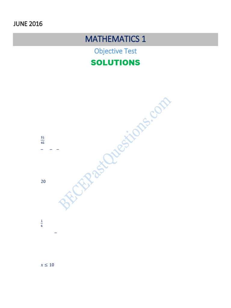 Bece Past Questions Answers Maths 2016 Part 1 Answers | PDF