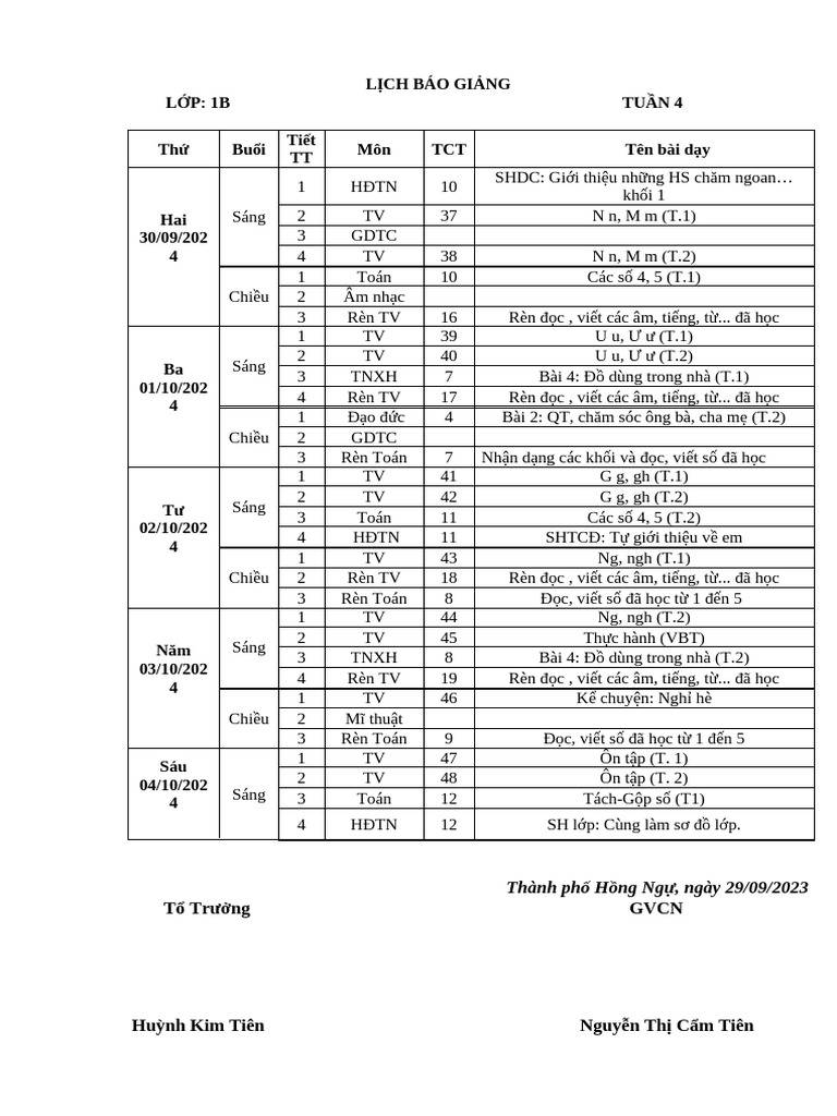 KHBD TUAN 4 LOP 1B | PDF