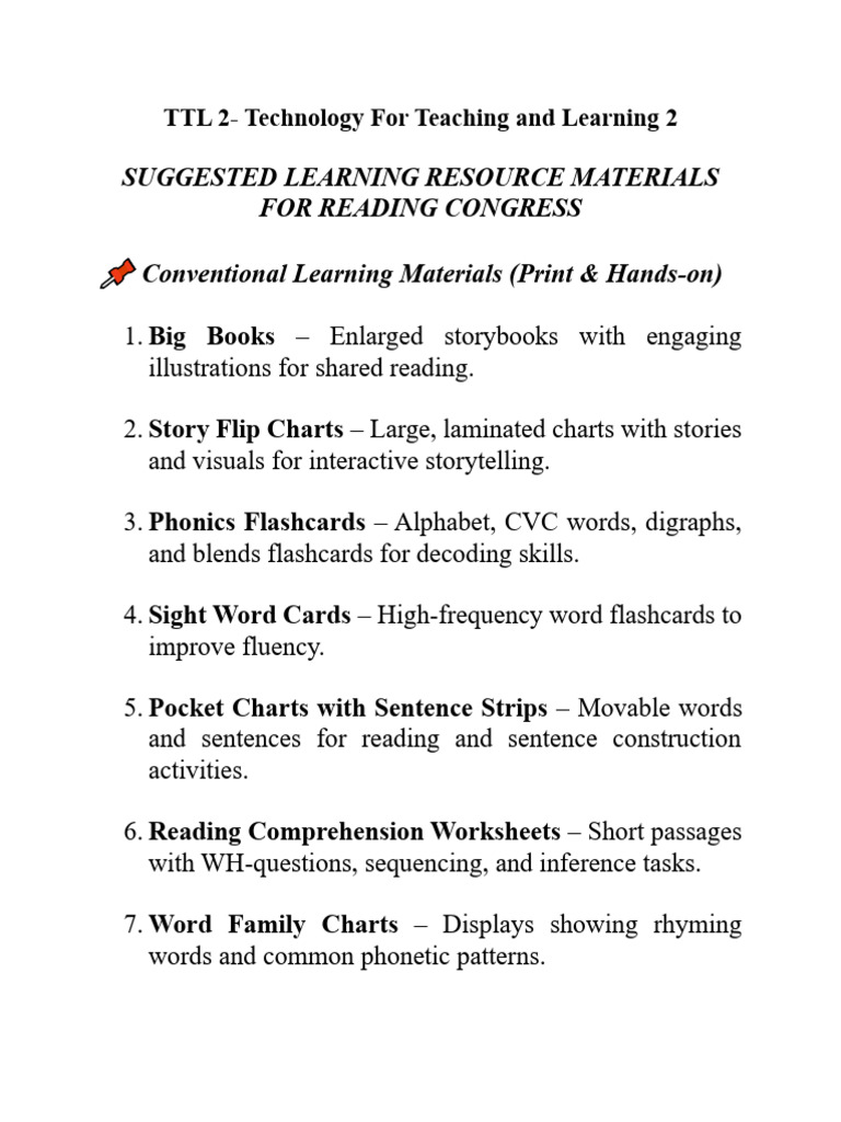Suggested Learning Resource Materials For Reading Congress | PDF ...