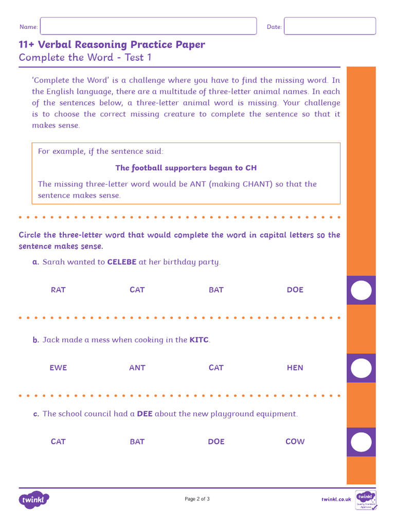 Verbal Reasoning Practice Paper Three Letter Words 1 Assessment | PDF