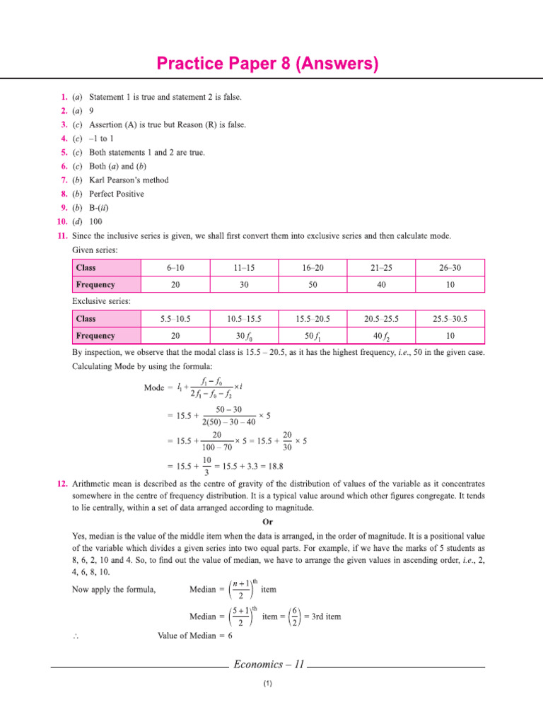 Cbse Cl11 Together Economics Answers to Practice Paper 8 | PDF