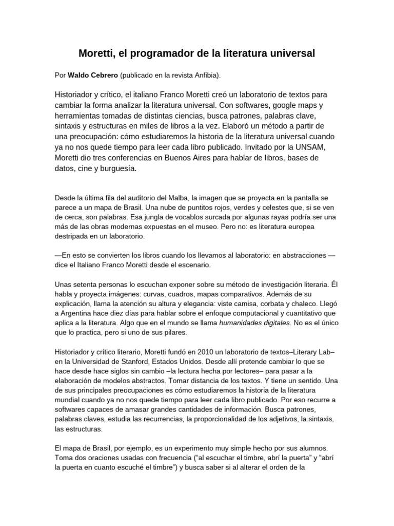 Moretti-el-programador-de-la-literatura-universal-Waldo-Cebrero | PDF | Ensayos | Novelas