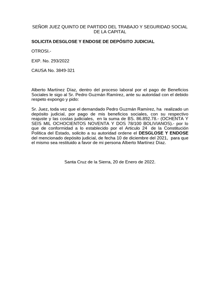 Memorial para Solicitar Desglose y Endose de Depósito Judicial | PDF
