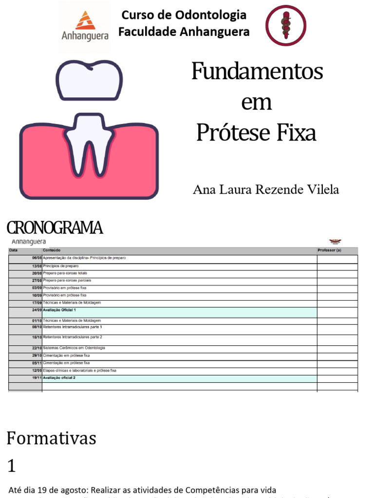 Cronograma e Fundamentos da Prótese Fixa | PDF | Odontologia | Dente humano