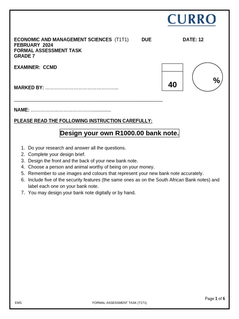 EMS Design Your Own Bank Note (T1T1) 2023 - EMS GRADE 7 2024 | PDF ...